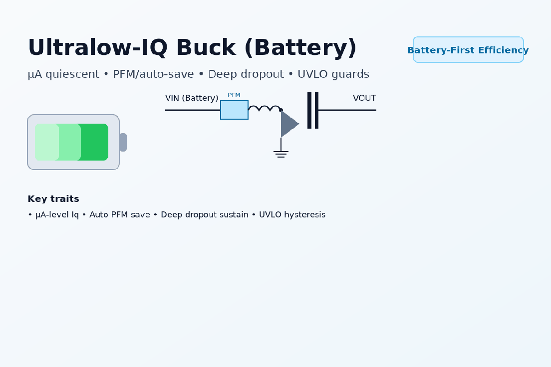Ultralow-IQ Buck (Battery): PFM, Deep Dropout, UVLO Guards
