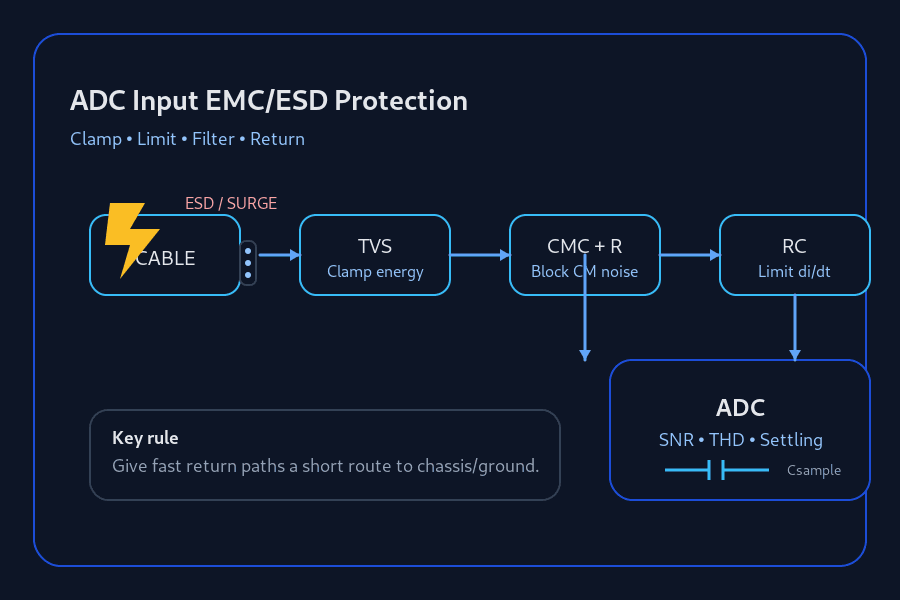 ADC Input EMC/ESD Protection: TVS, RC, CMC & Surge Design