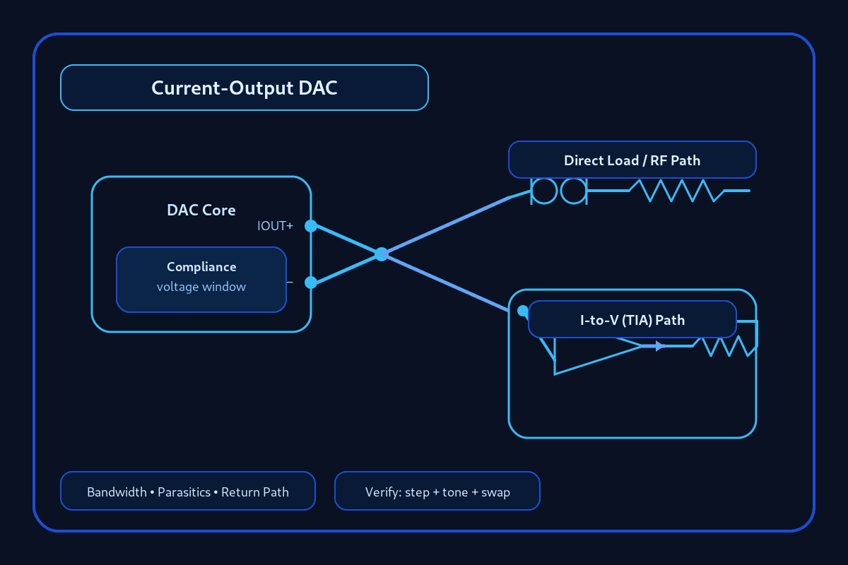 Current-Output DAC: I-to-V (TIA), 50Ω Loads & Compliance