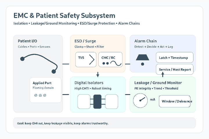 EMC & Patient Safety: Isolators, ESD/Surge, Alarms