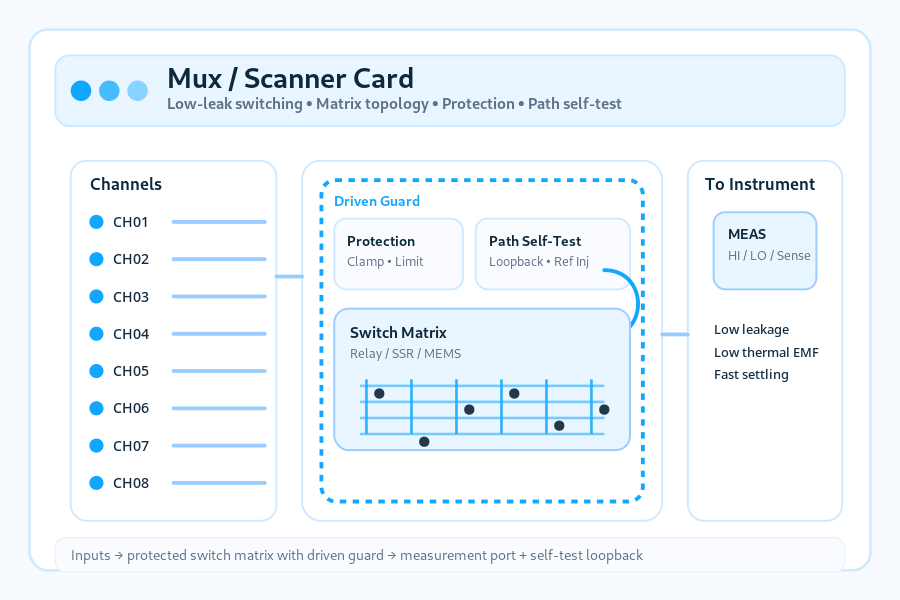 Mux / Scanner Cards: Low-Leak Switching & Self-Test