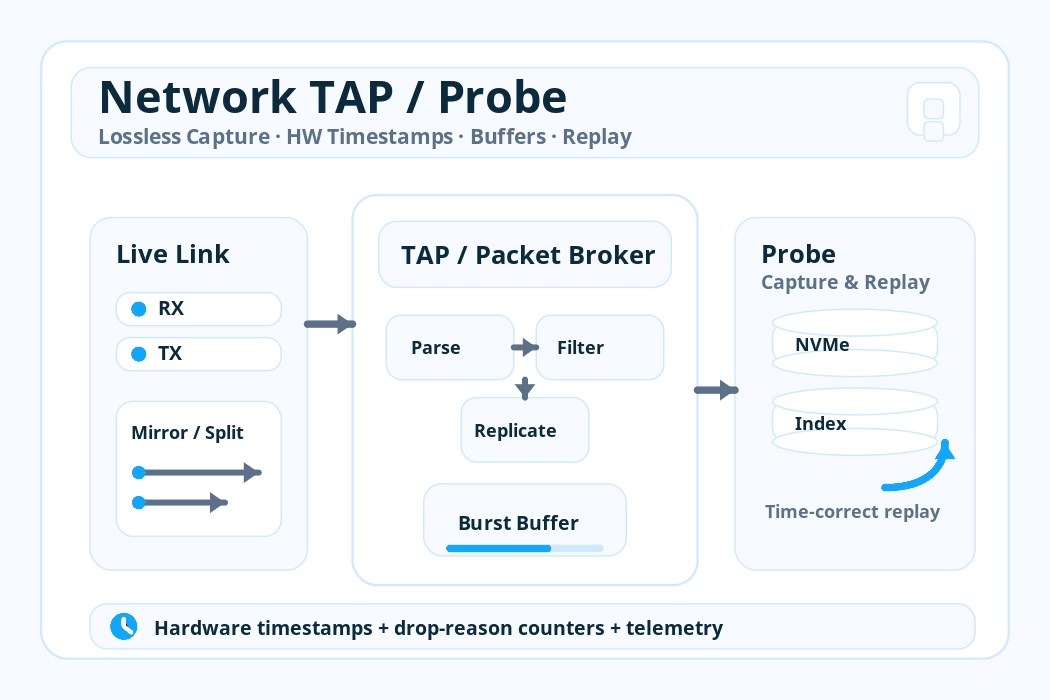 Network TAP / Probe: Lossless Capture, Timestamps & Replay
