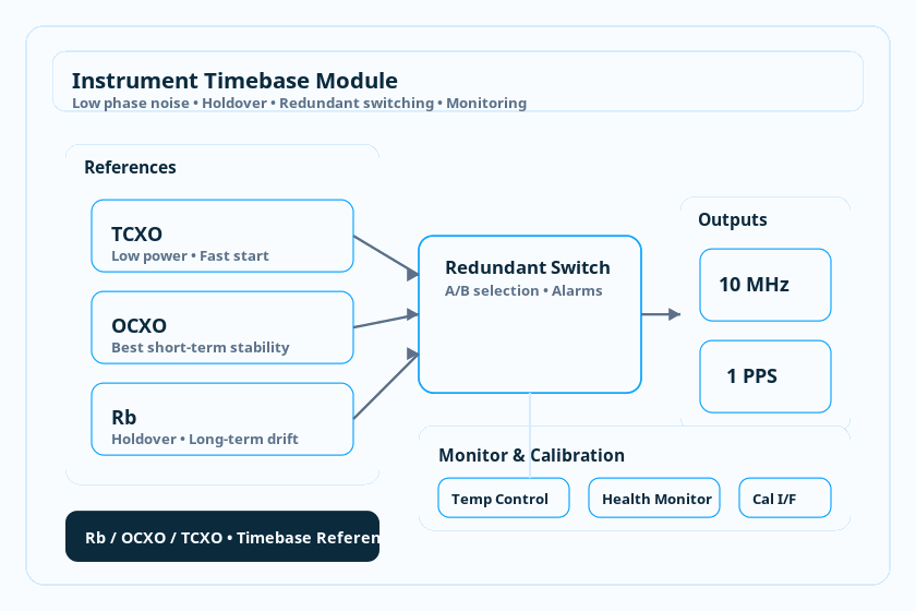 Rb/OCXO/TCXO Timebase: Low Phase Noise & Holdover