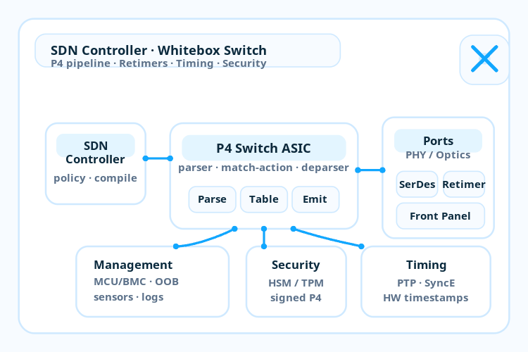 SDN Controller & Whitebox Switch (P4, Timing, Security)