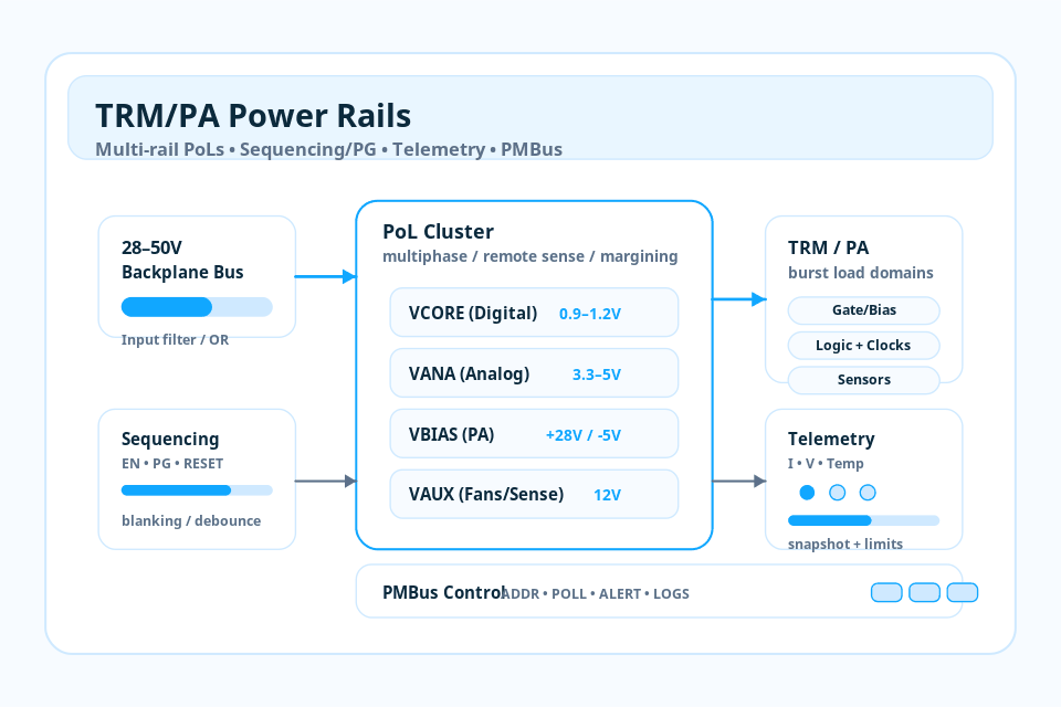 TRM/PA Power Rails: Multi-Rail PoL Sequencing & Telemetry