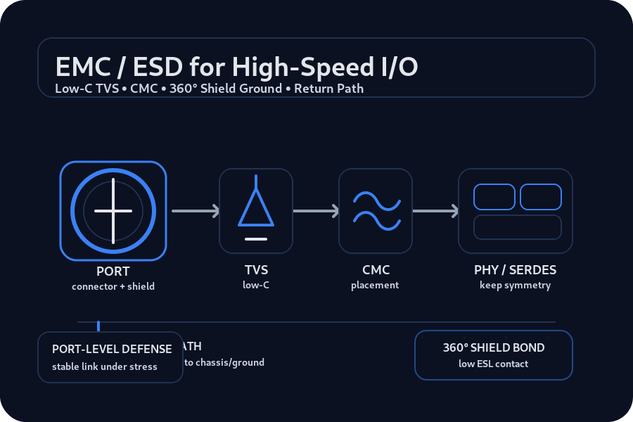 High-Speed I/O EMC/ESD: Low-C TVS, CMC, Shielding