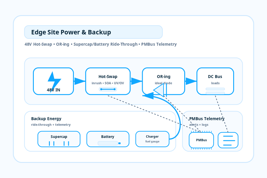 Edge Site Power & Backup: 48V Hot-Swap, PMBus Telemetry