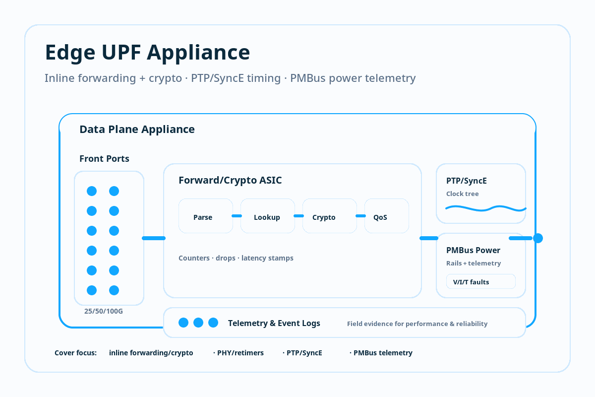 Edge UPF Appliance: Inline Crypto, PTP/SyncE & PMBus