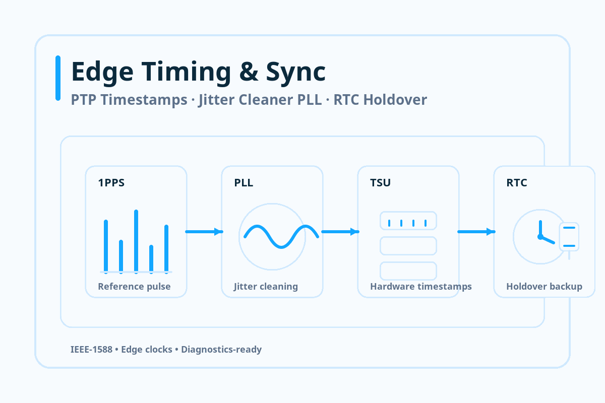 Edge Timing & Sync: PTP Timestamps, PLL Jitter Cleaners