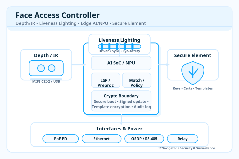Face Access Controller Hardware: Depth/IR, Liveness, SE