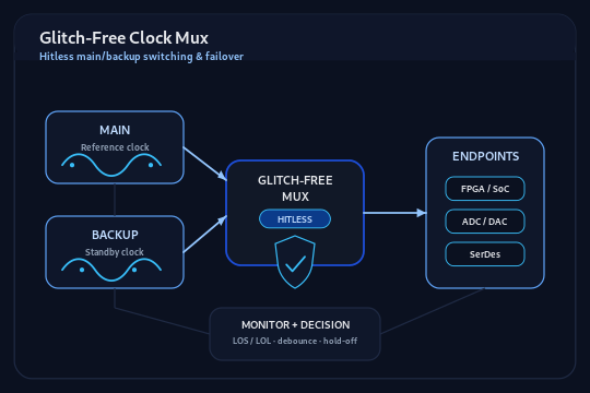 Glitch-Free Clock Mux: Hitless Redundancy & Failover