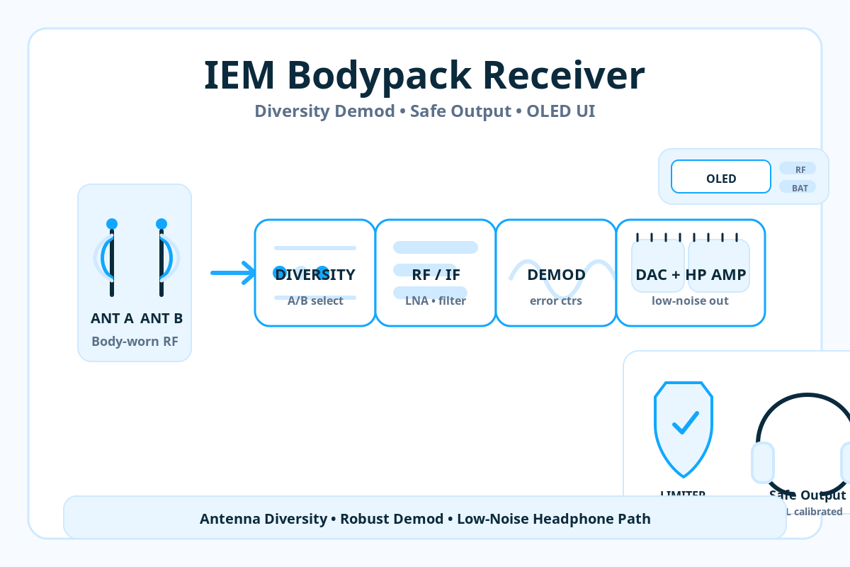 IEM Bodypack Receiver: Diversity, Limiter & Headphone Amp