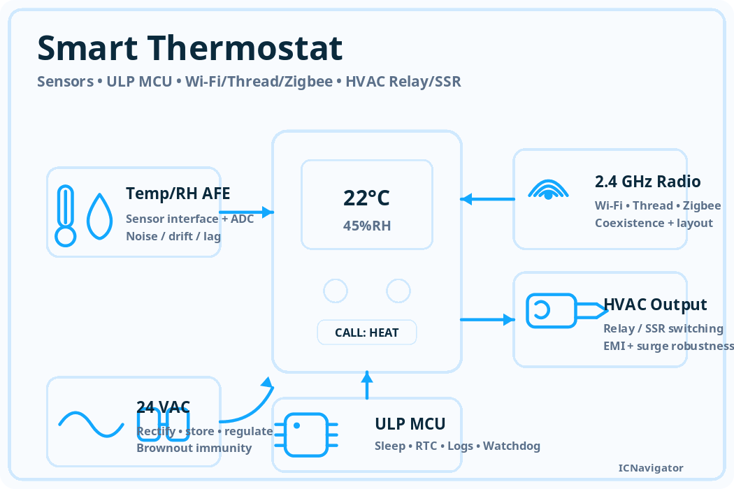 Smart Thermostat: Temp/RH AFE, ULP MCU, Wi-Fi/Thread