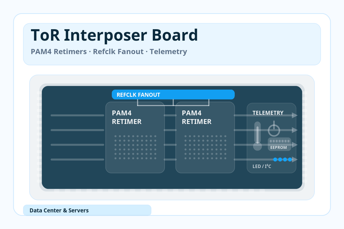 ToR Interposer Board: PAM4 Retimers & Clock Fanout